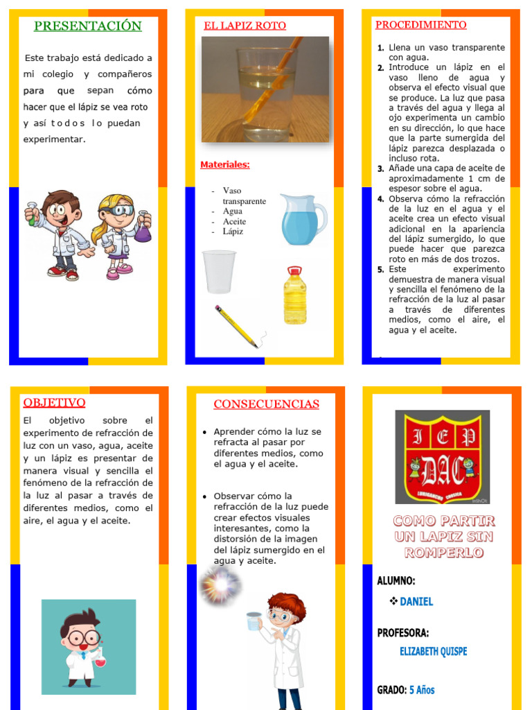 TRiptico Experimento Lapiz Que Se Rompe Con Agua y Aceite | PDF | Refracción | Ligero