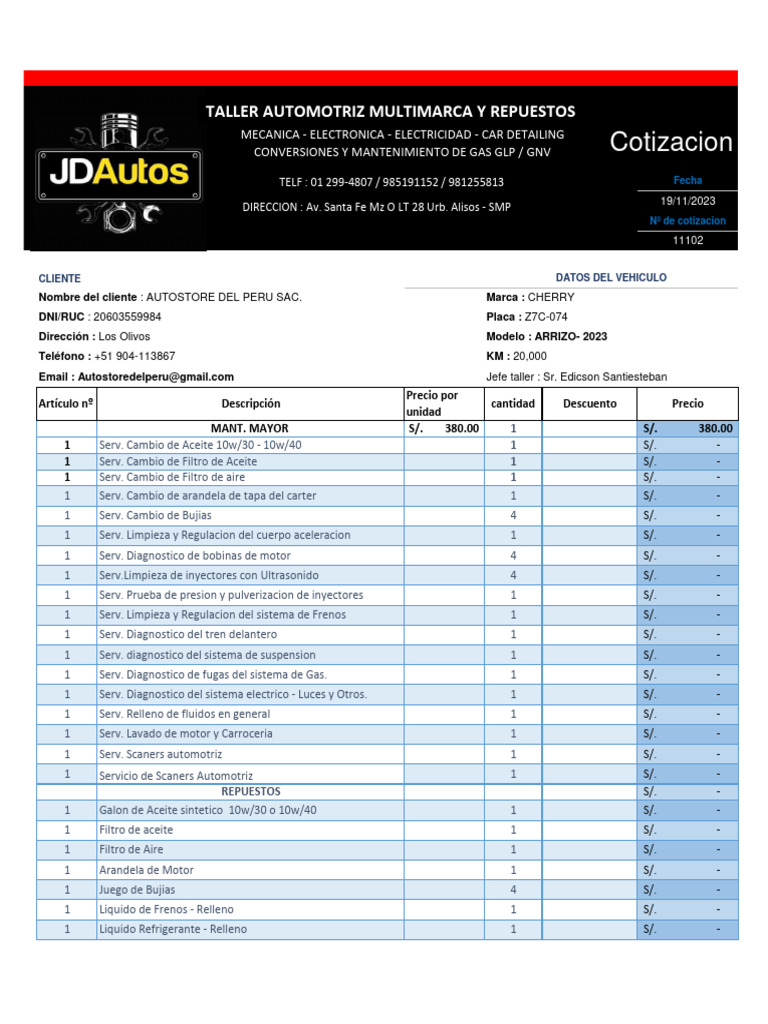 Proforma Mantenimiento Auto | PDF | Tecnología de vehículos | Coche
