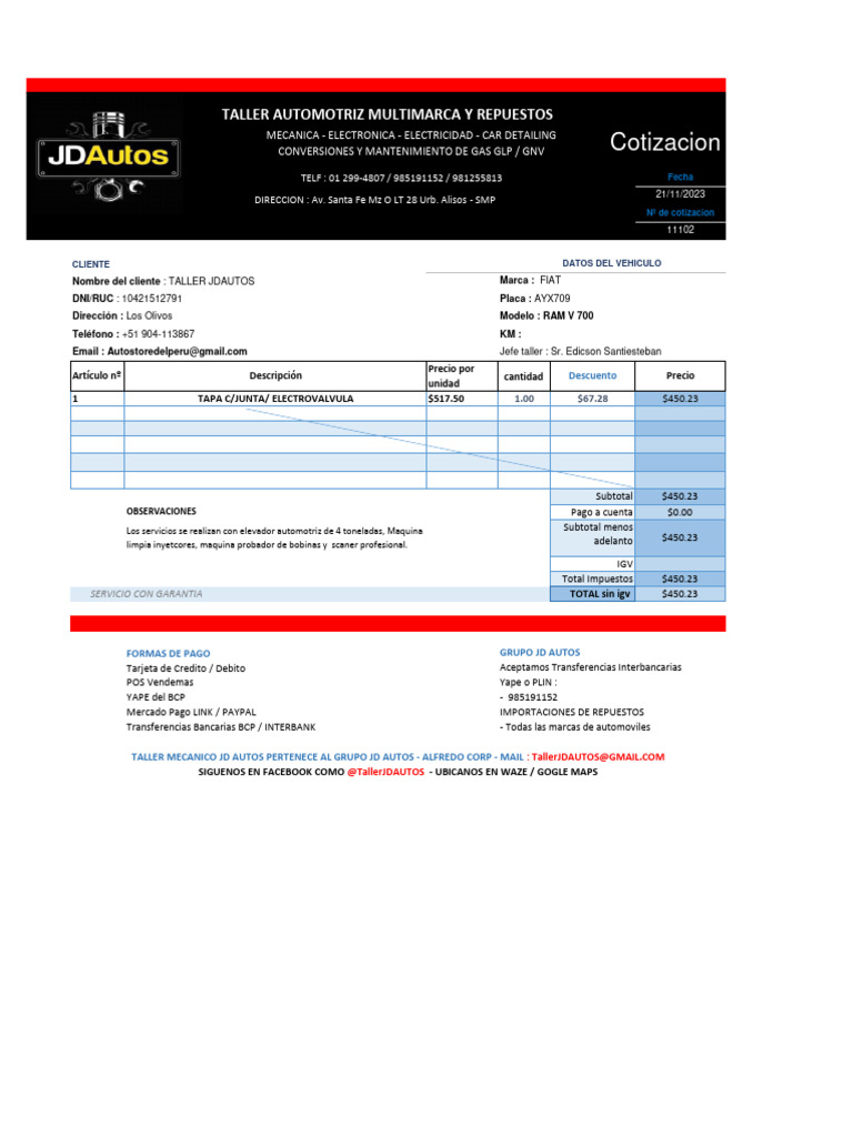 Cotización Taller JD Autos | PDF | Transporte | Industrias de servicio