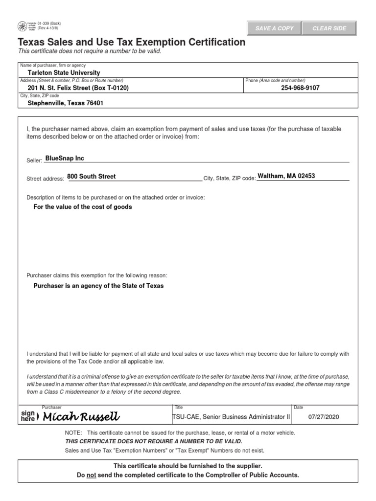 Texas Sales and Use Tax Exemption Certificate 3 - BlueSnap - 27july2020 ...