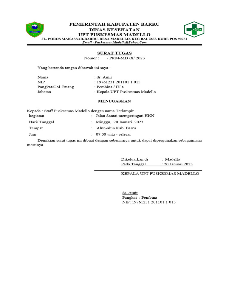 Surat Tugas UPT Puskesmas Madello | PDF