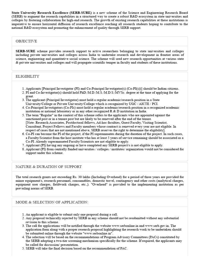 SERB SURE Guidelines | PDF | University | Science