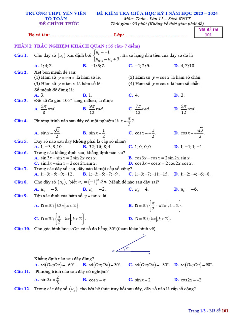 De Giua Ky 1 Toan 11 Knttvcs Nam 2023 2024 Truong THPT Yen Vien Ha Noi | PDF