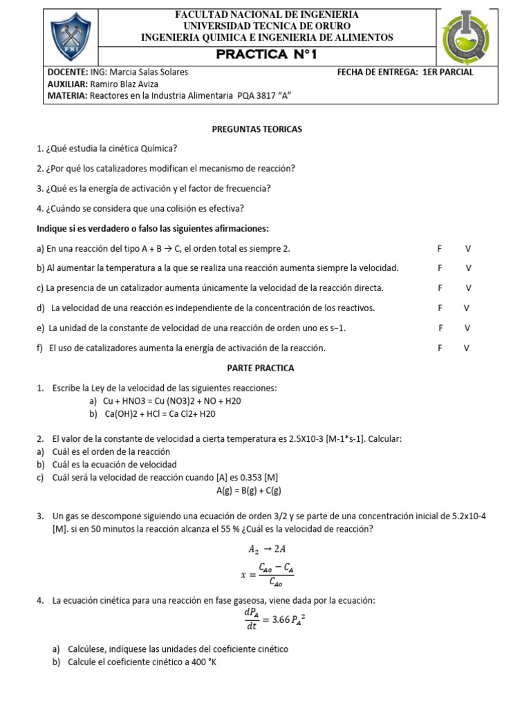 Practica Reactores 1 | PDF | Velocidad de reacción | Cinética química