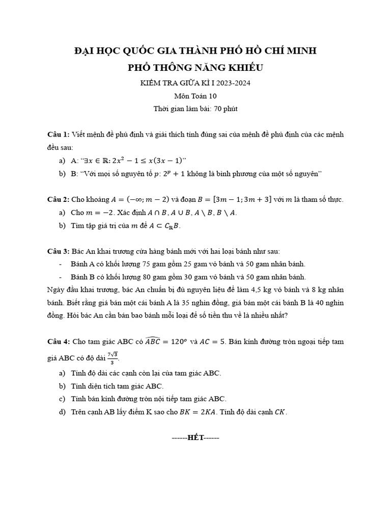 De Giua Ki 1 Toan 10 Nam 2023 2024 Truong Pho Thong Nang Khieu TP HCM | PDF