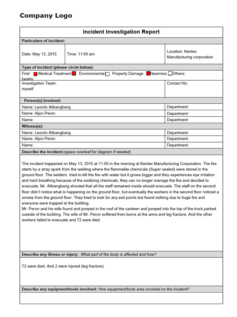 Incident Investigation Report Form | PDF | Fires | Occupational Safety ...