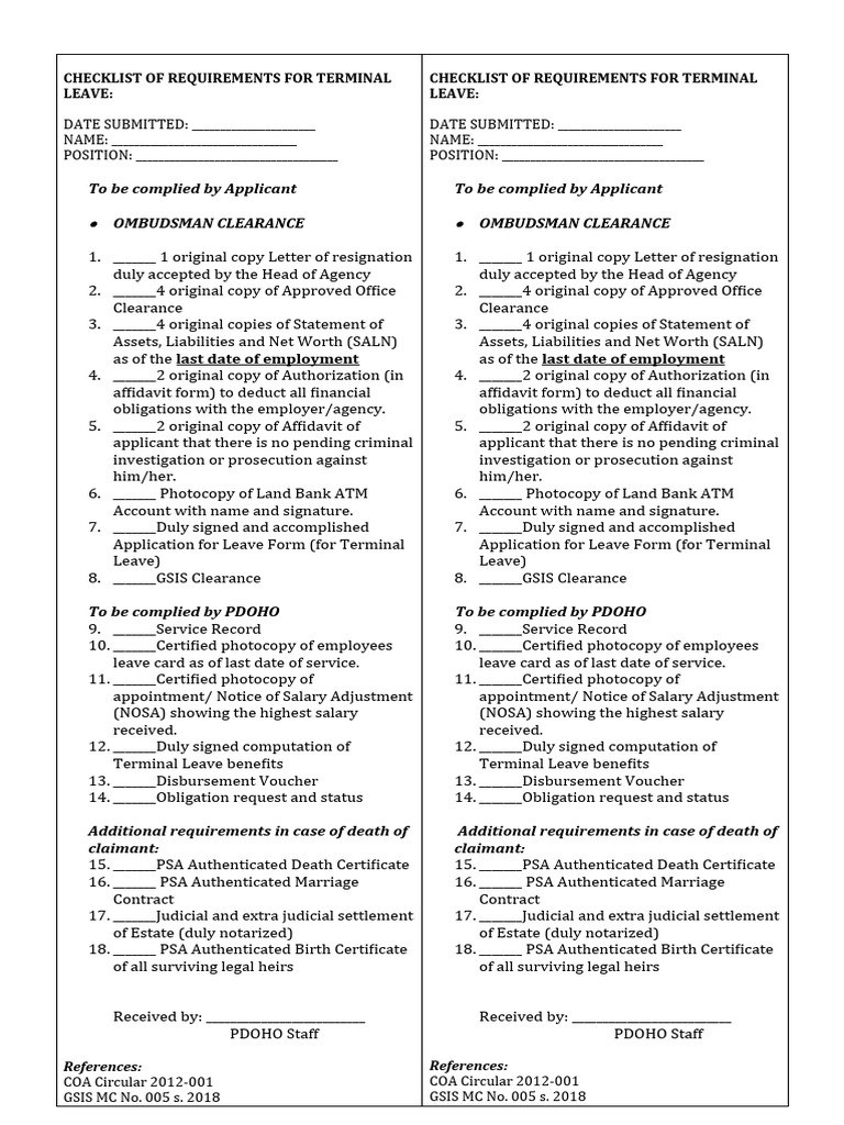 Checklist of Requirements For Terminal Leave - For HRH - 012518 | PDF ...