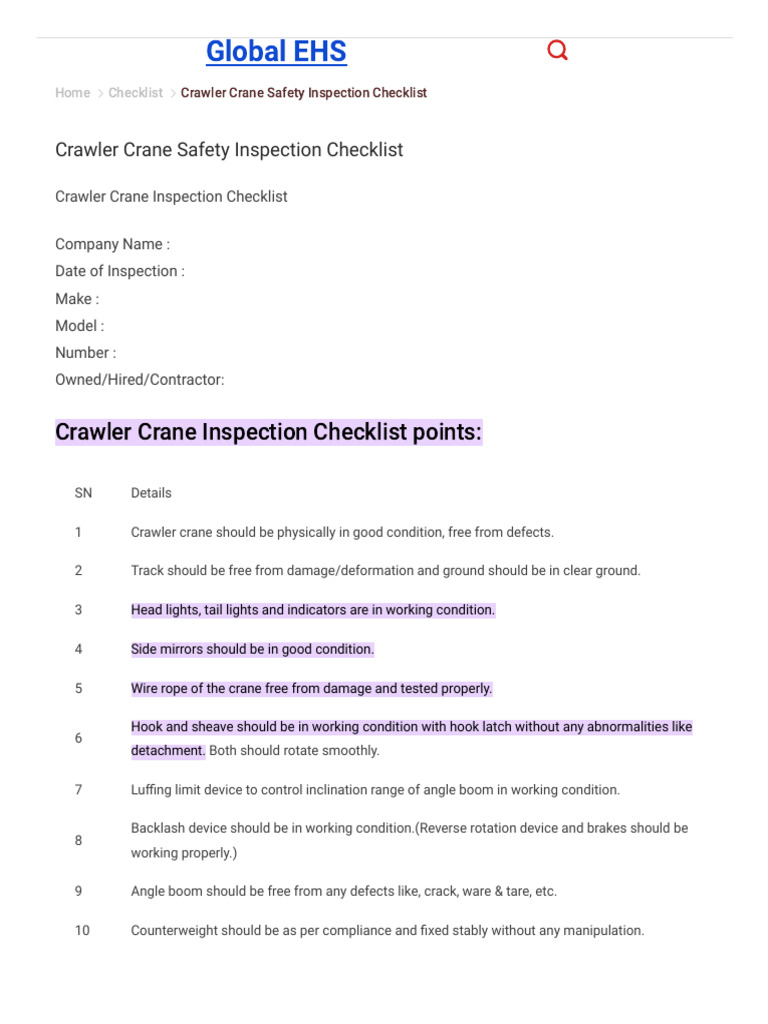Crawler Crane Inspection Checklist | PDF | Crane (Machine) | Manufactured Goods