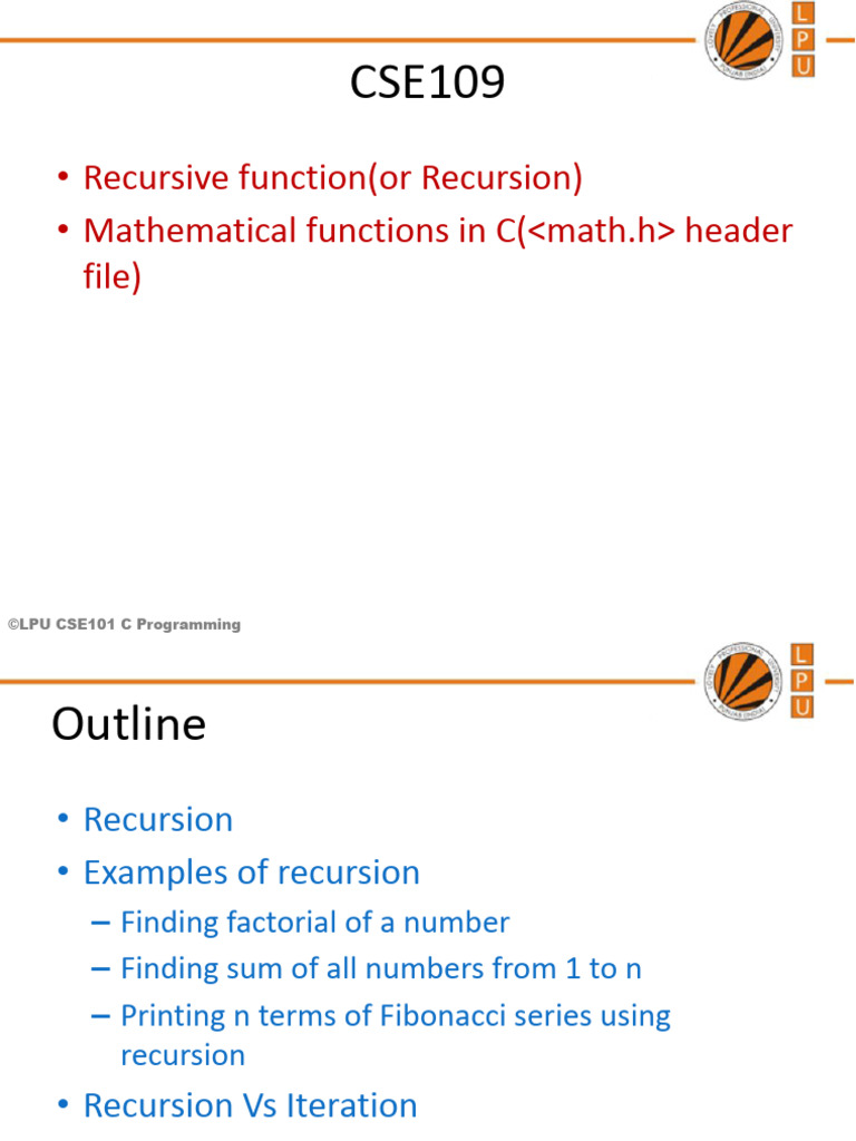Lecture - Recursion and Mathematical Functions in C | PDF | Parameter (Computer Programming ...