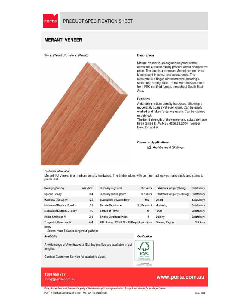 Meranti Veneer Specsheet | PDF | Adhesive | Wood