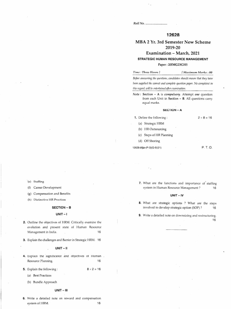 Mba 3 Sem Strategic Human Resource Management 12628 Mar 2021 | PDF