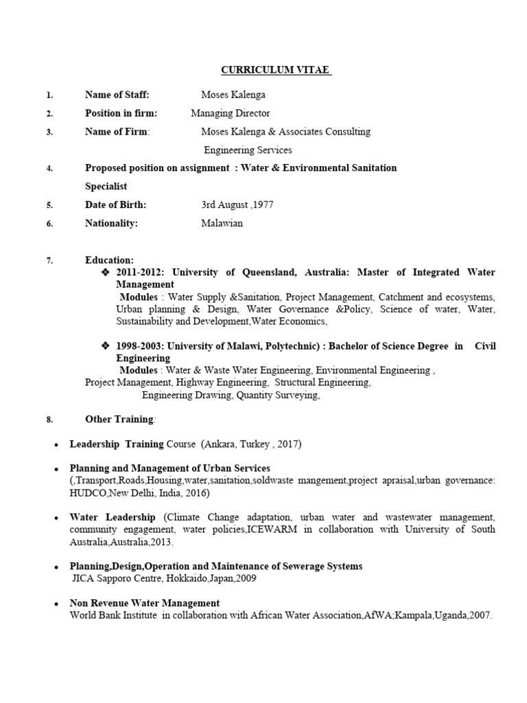 CV For Moses Kalenga Water and Environme | PDF | Water Supply | Sanitation
