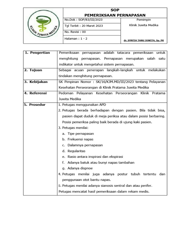 SOP Pemeriksaan Pernapasan Klinik | PDF