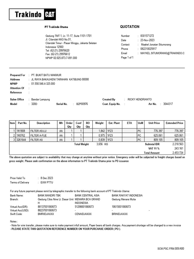 PT Trakindo Utama: Quotation | PDF | Banking | Payments
