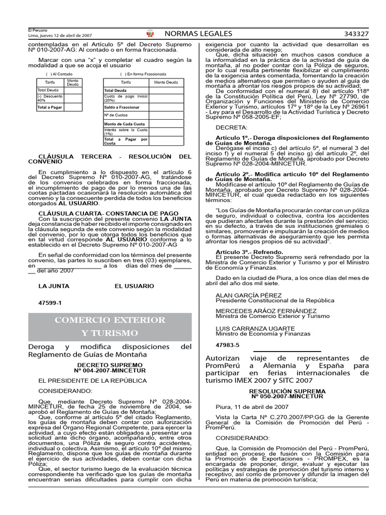D.S. #004-2007-Mincetur, Deroga y Modifica Reglamento de Guias de Montaña | PDF | Póliza de ...