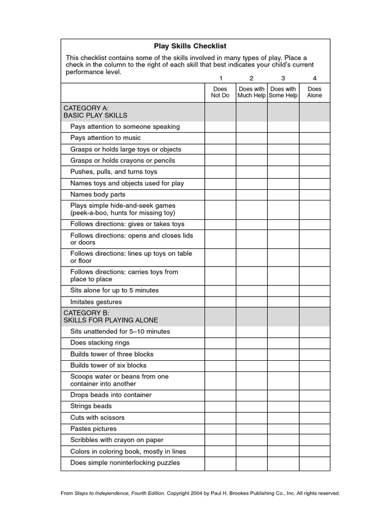 Play Skills Checklist - Brookes Publishing Co. | PDF | Toys