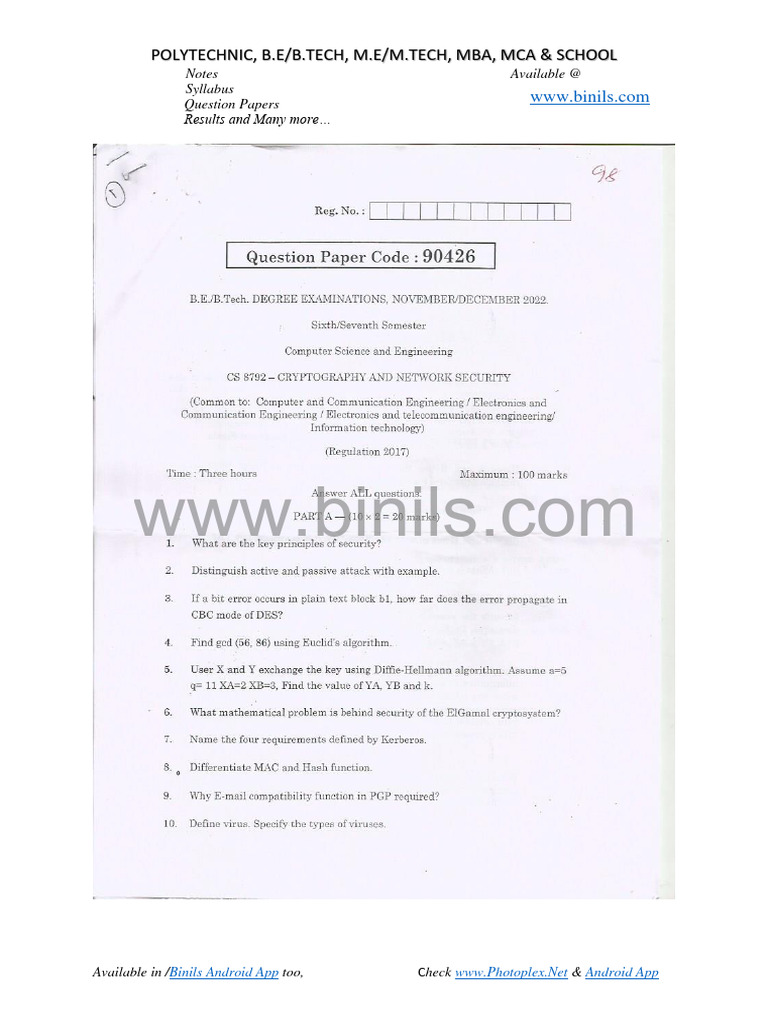 CS 8792 Cryptography and Network Security Old Question Paper | PDF