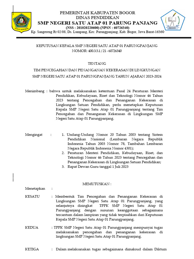 Tim Penanganan Kekerasan SMPN 01 Parungpanjang | PDF