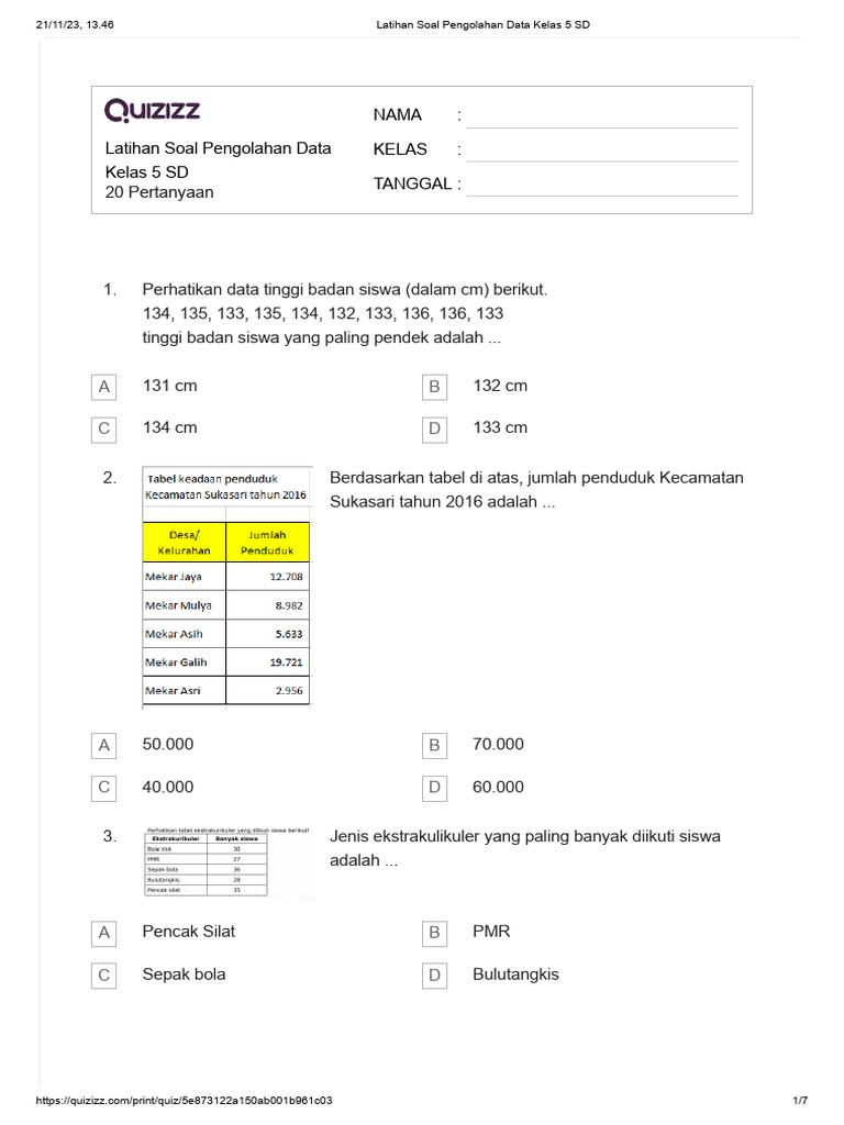 Latihan Soal Pengolahan Data Kelas 5 SD | PDF