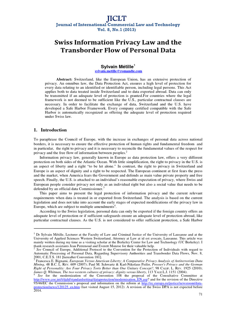 Mtille 2012 Swiss Information Privacy Law And The Transborder Flow Of Personal Data Pdf
