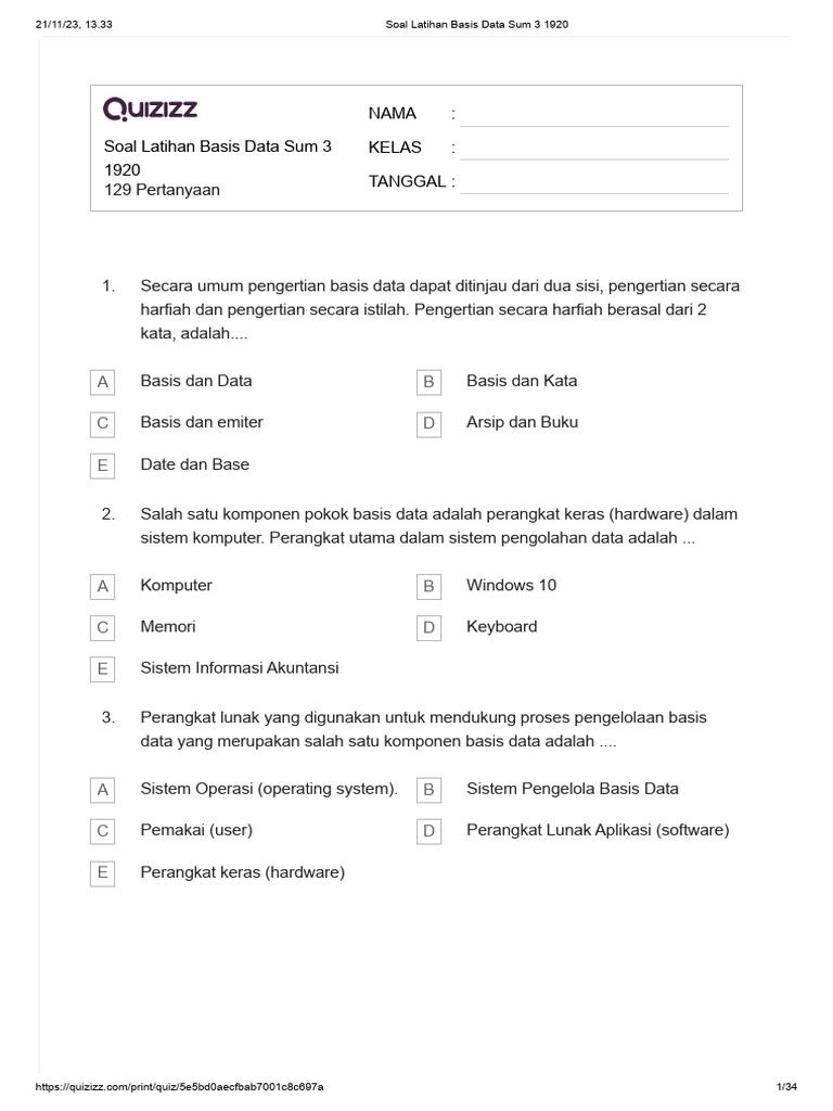 Soal Latihan Basis Data Semester 3 | PDF | Komputer