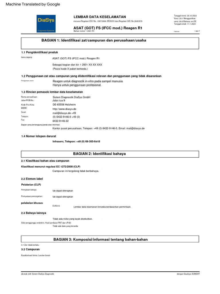 Asat (Got) Fs (Ifcc Mod.) Reagent r1-En-De-20-1 | PDF