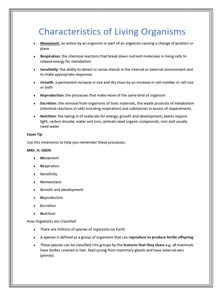 Characteristics of Living Organisms | PDF | Cell (Biology) | Plants