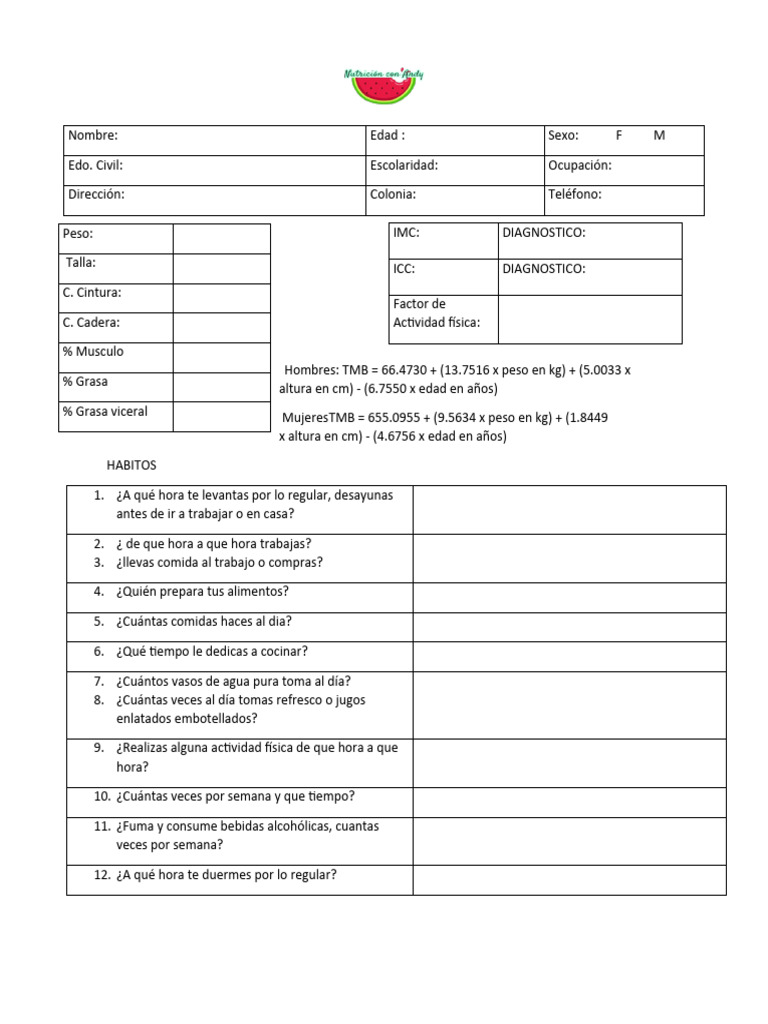 Cuestionario para Paciente | PDF | Alimentos | Comida y bebida Cuestionario para Paciente | PDF | Alimentos | Comida y bebida