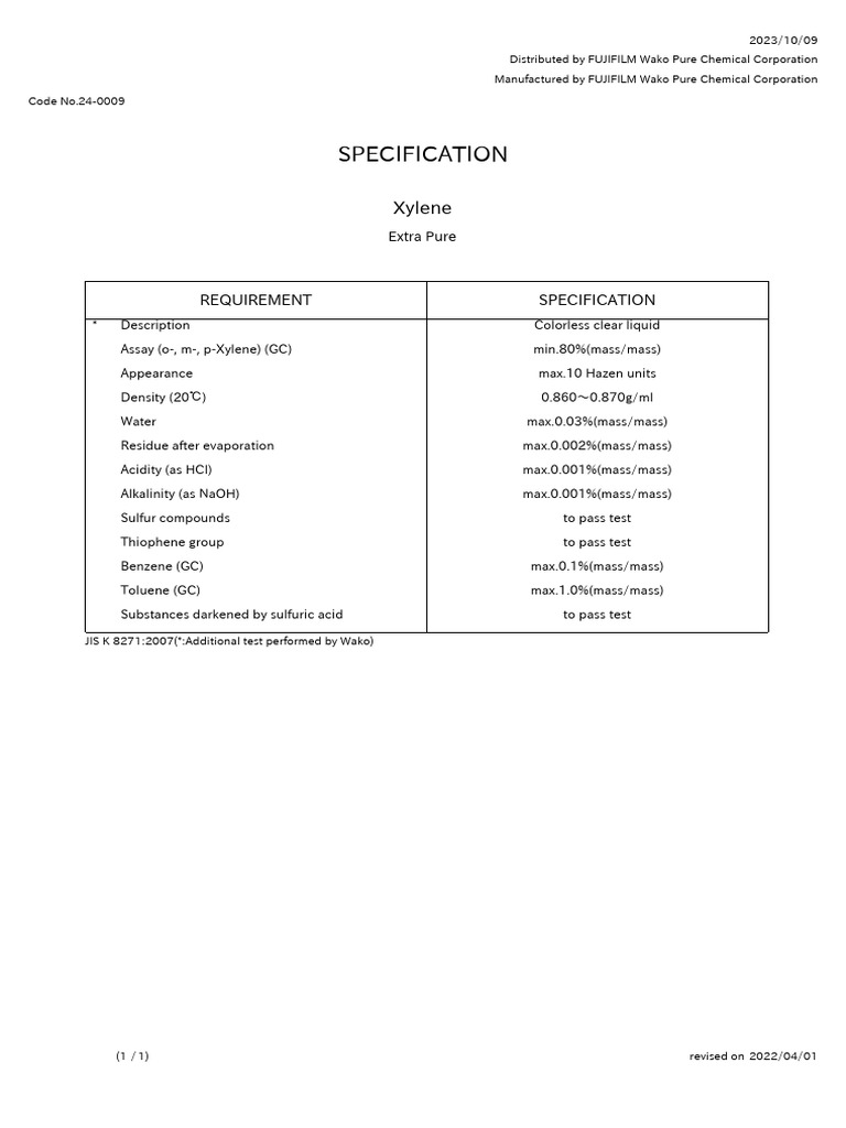 Xylene Extra Pure Specification | PDF Xylene Extra Pure Specification | PDF