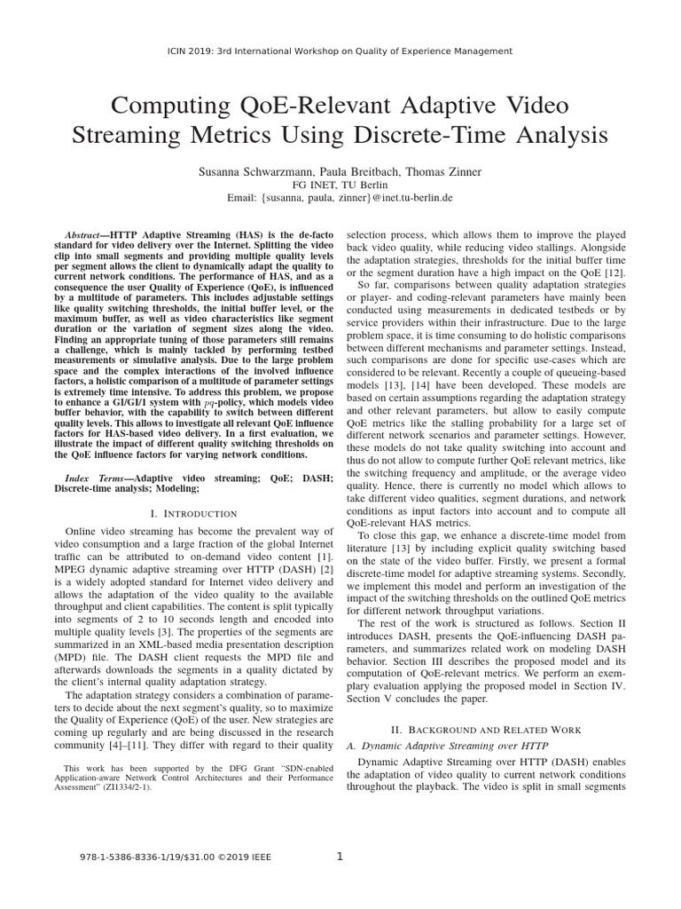 Computing QoE-Relevant Adaptive Video Streaming Metrics Using Discrete-Time Analysis | PDF ...