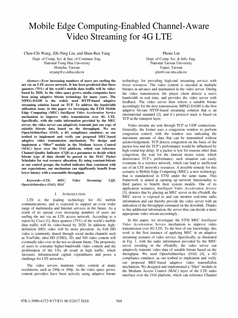 Mobile Edge Computing-Enabled Channel-Aware Video Streaming For 4G LTE | PDF | Network ...