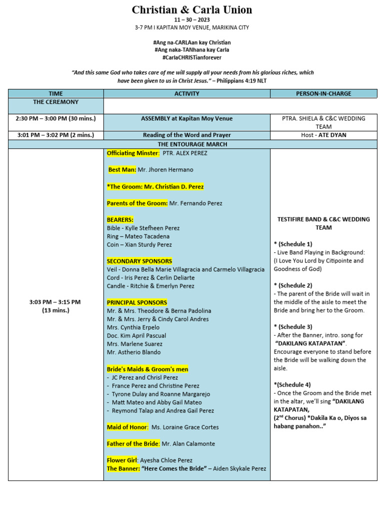 CHRISTIAN AND CARLA Wedding Program (Technical Script) | PDF | Wedding | Fashion Related Occasions