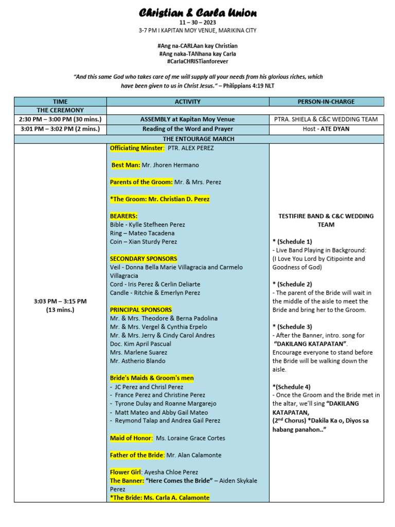 CHRISTIAN and CARLA Wedding Program (Technical Script) | PDF | Wedding ...