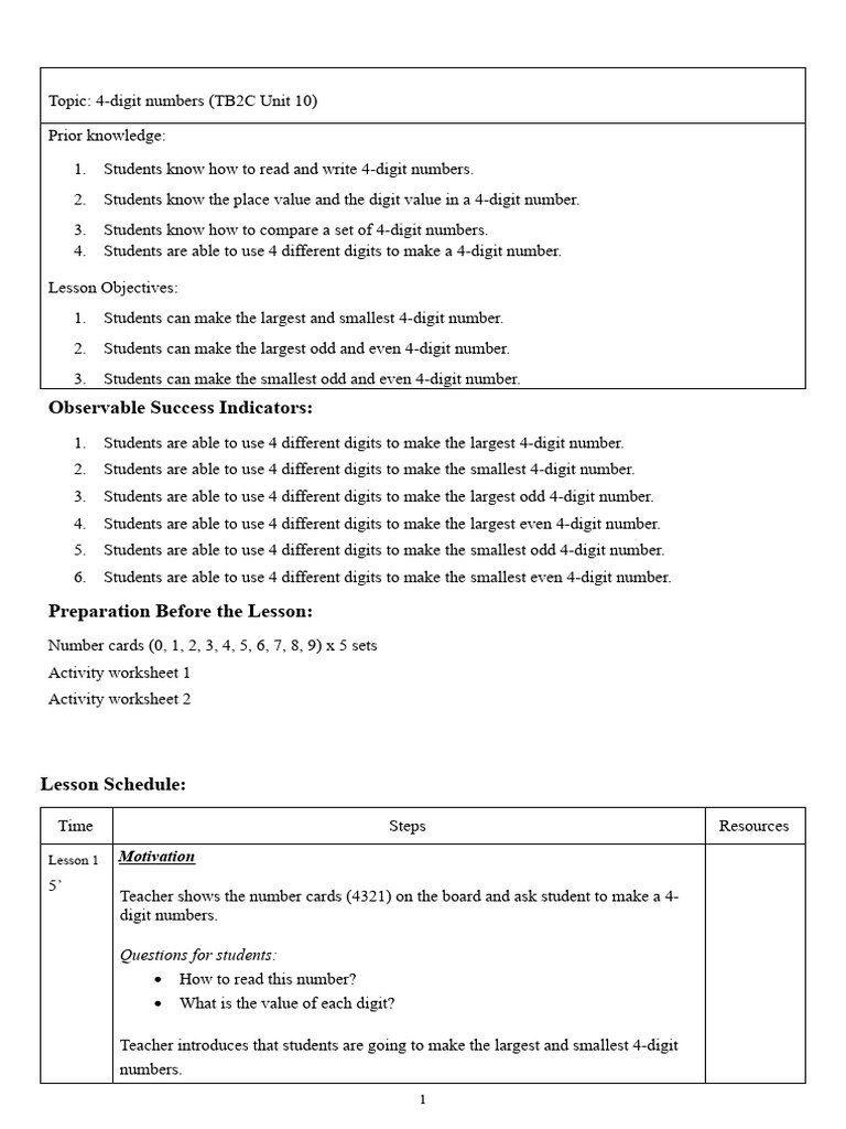 4-Digit Numbers-Lesson Plan | PDF | Numbers | Teachers
