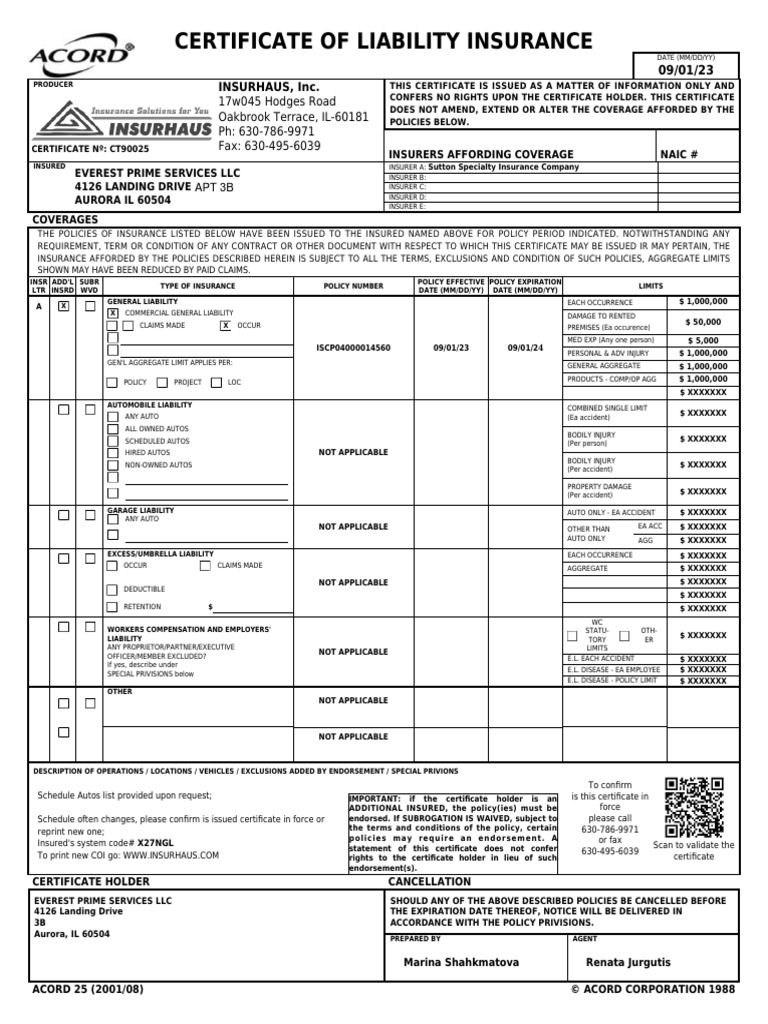 Certificate of Liability Insurance: 17w045 Hodges Road Oakbrook Terrace ...