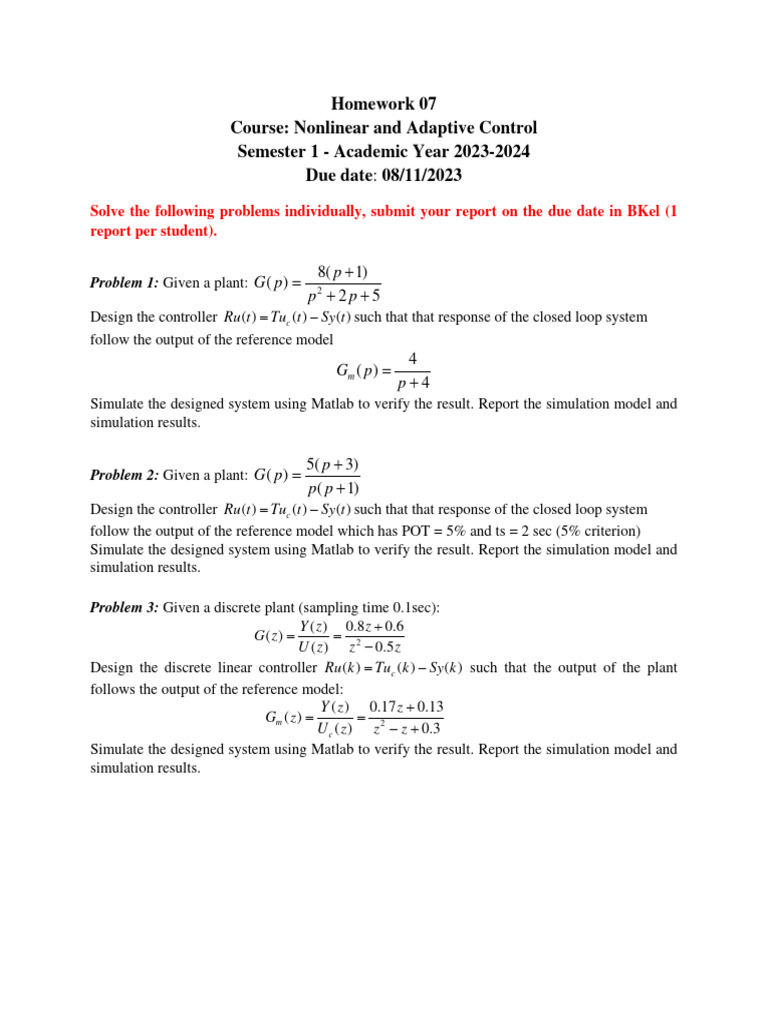 Homework 07 - NonlinearAdaptiveCtrl - Semester231 - TT01 | PDF | Teaching Methods & Materials