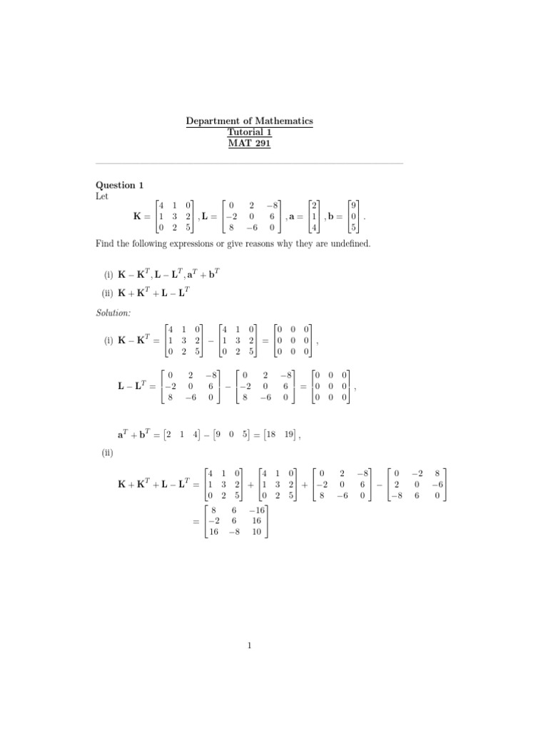 Tutorial 1 Solutions 291 Pdf Eigenvalues And Eigenvectors Mathematical Concepts