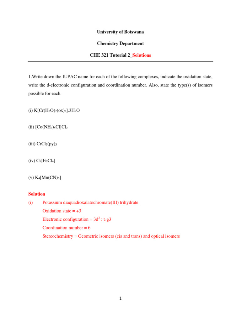 CHE 321 Tutorial 2 - Solutions | PDF | Coordination Complex | Chemical ...