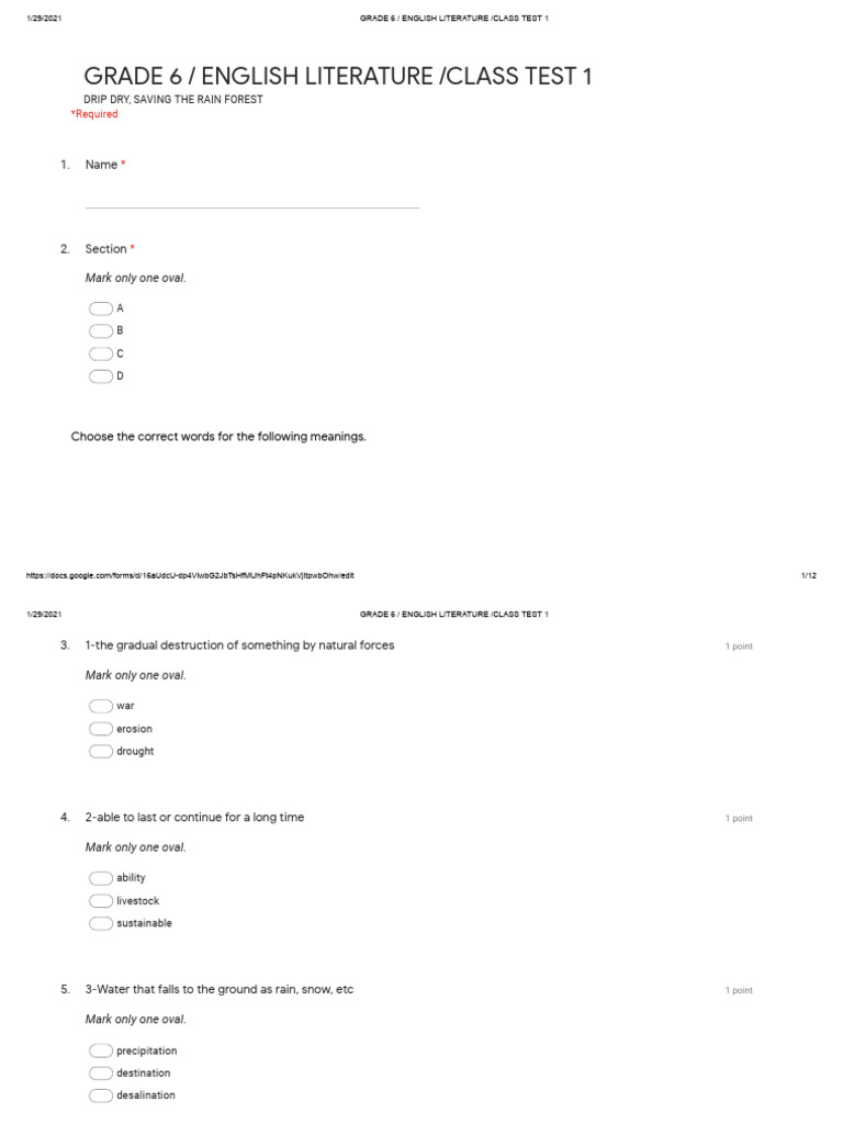 Grade 6 English Literature Class Test 1 | PDF | Rainforest | Forests