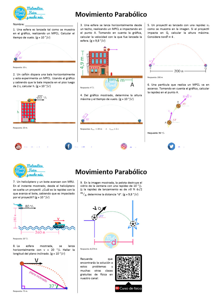 Movimiento Parabólico - Ejercicios Propuestos PDF | PDF