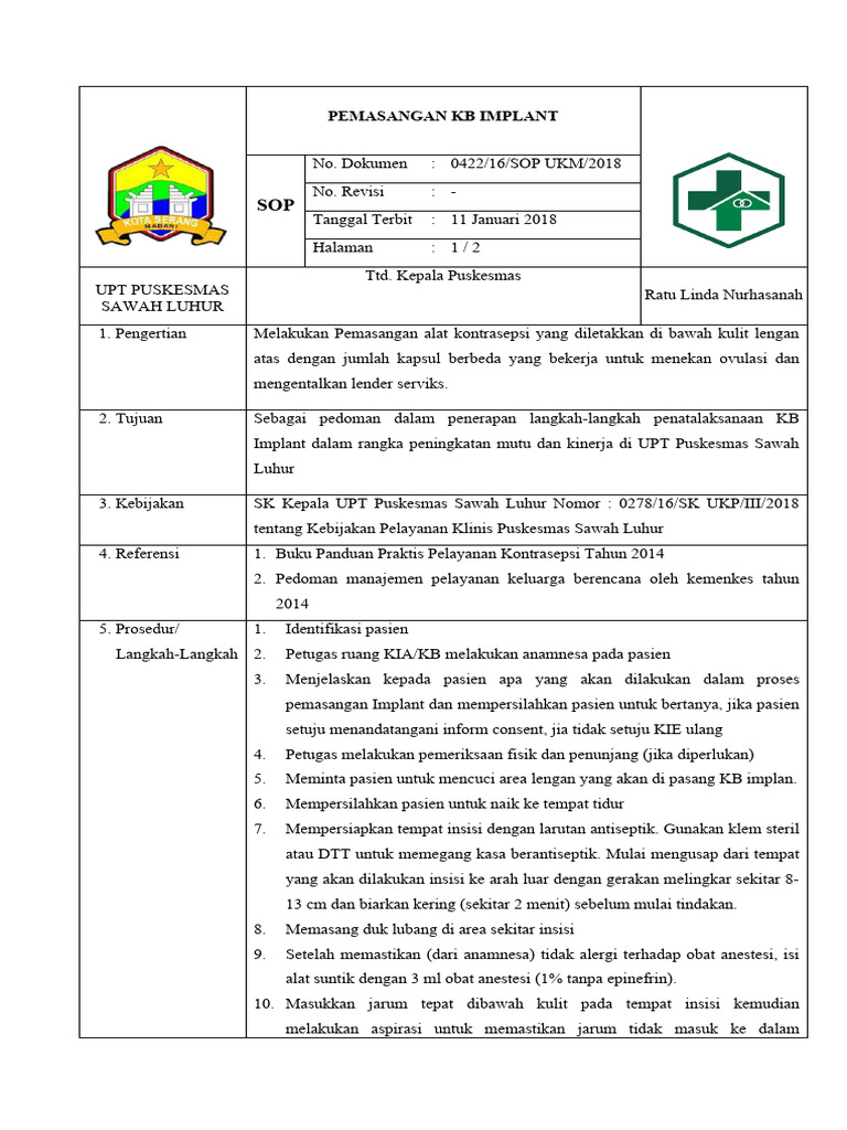 Sop Pemasangan KB Implant | PDF