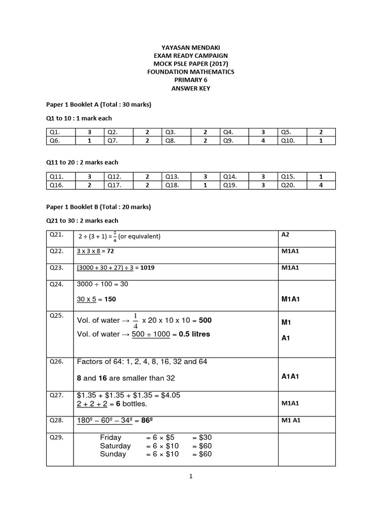 2017 Mendaki PSLE Math Answer Key | PDF