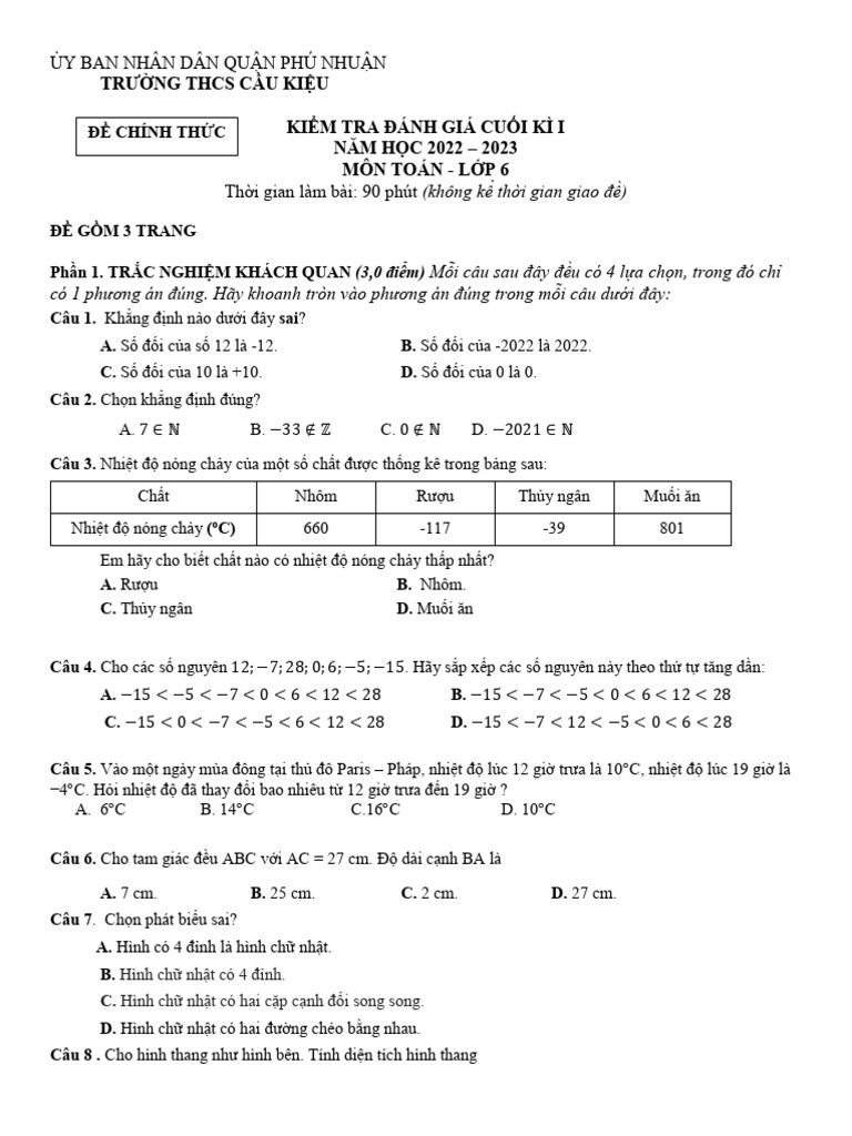 De Cuoi Ki 1 Toan 6 Nam 2022 2023 Truong Thcs Cau Kieu TP HCM | PDF