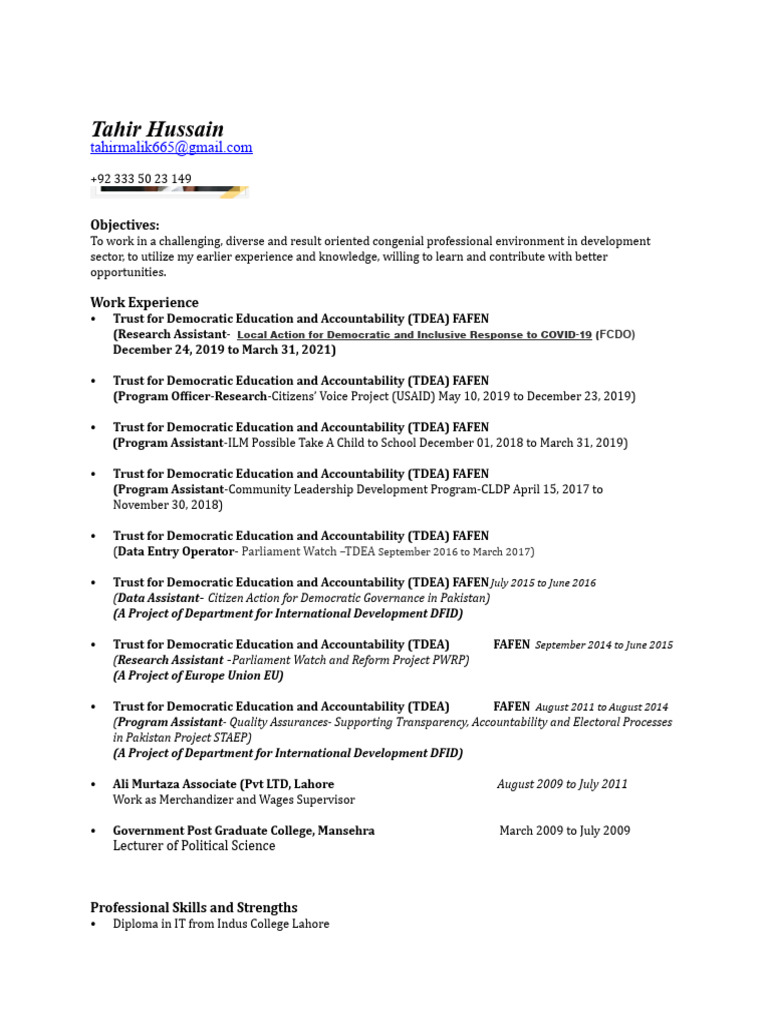 CV Tahir Hussain | PDF | Government | Governance