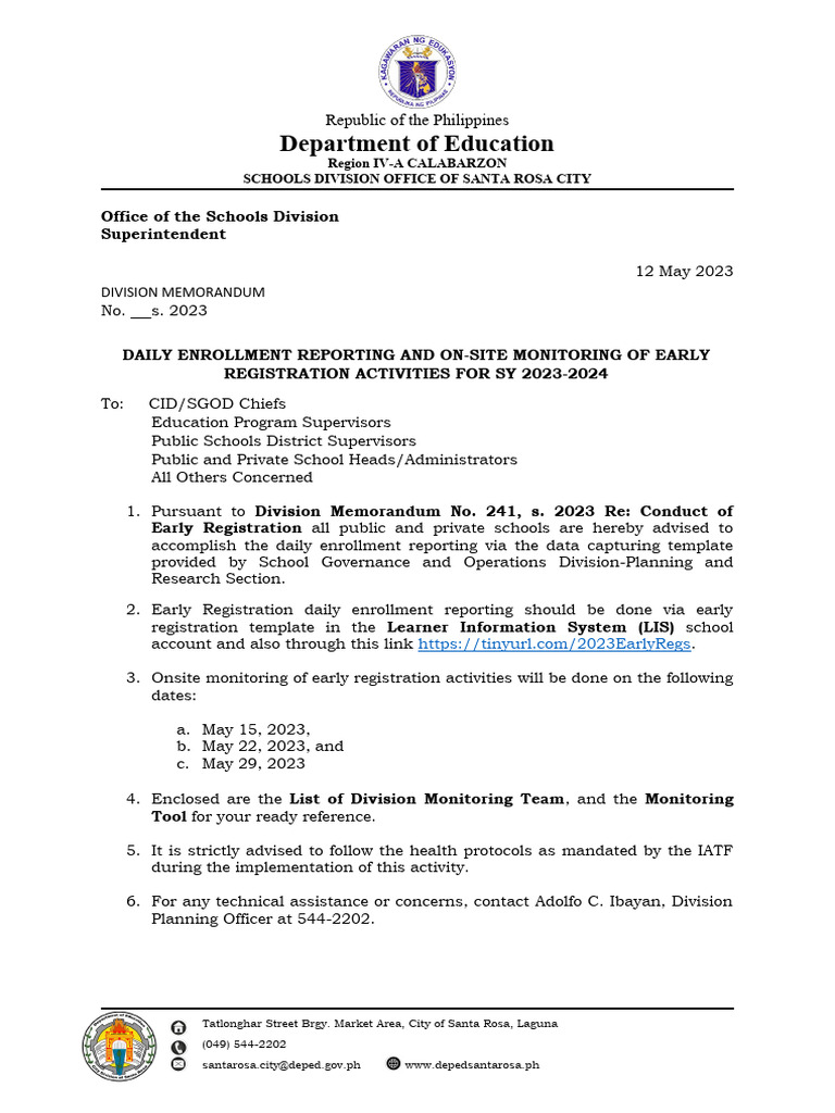 Deped Memo For Early Registration 2025 2026 Deped Memo For School