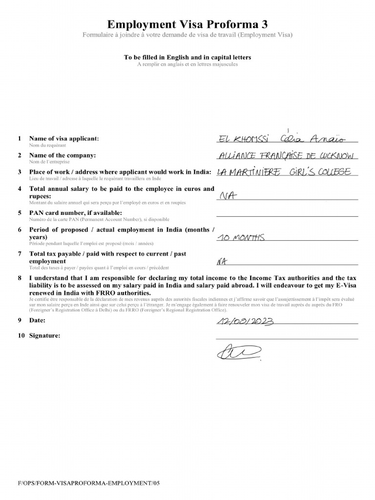 Employement Visa Proforma - A Remplir À La Main | PDF