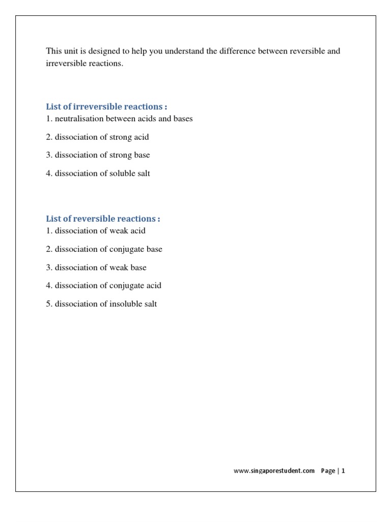 Reversible vs Irreversible Reactions | PDF | Acid | Chemical Equilibrium