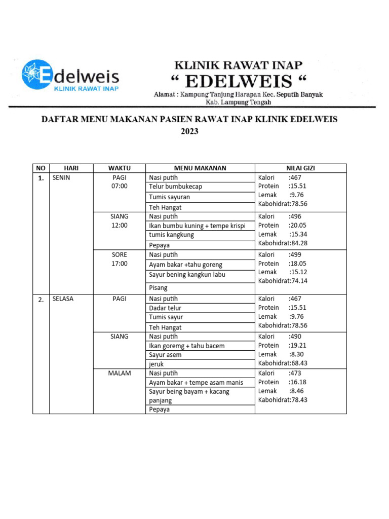 Daftar Menu Makanan Pasien Rawat Inap Klinik Edelweis 2023 | PDF