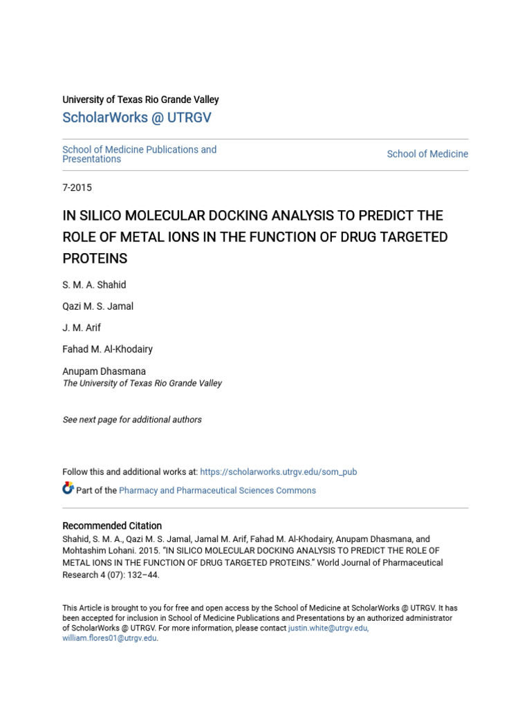 In Silico Molecular Docking Analysis To Predict The Role of Metal | PDF | Active Site | Docking ...