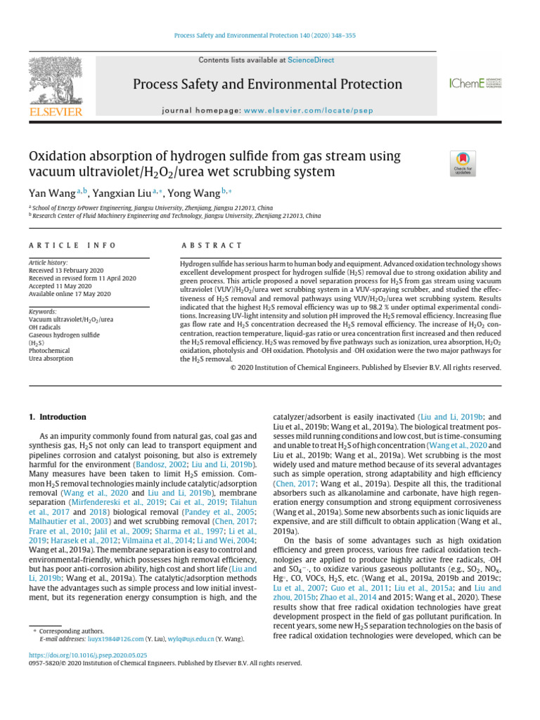 Oxidation Absorption of Hydrogen Sulfide From Gas Stream Using Vacuum ...